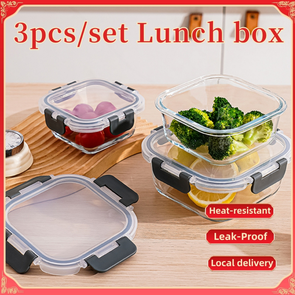 3Pcs/set Lunch Box Heat Resistant Borosilicate Glass Microwave Airtight ...