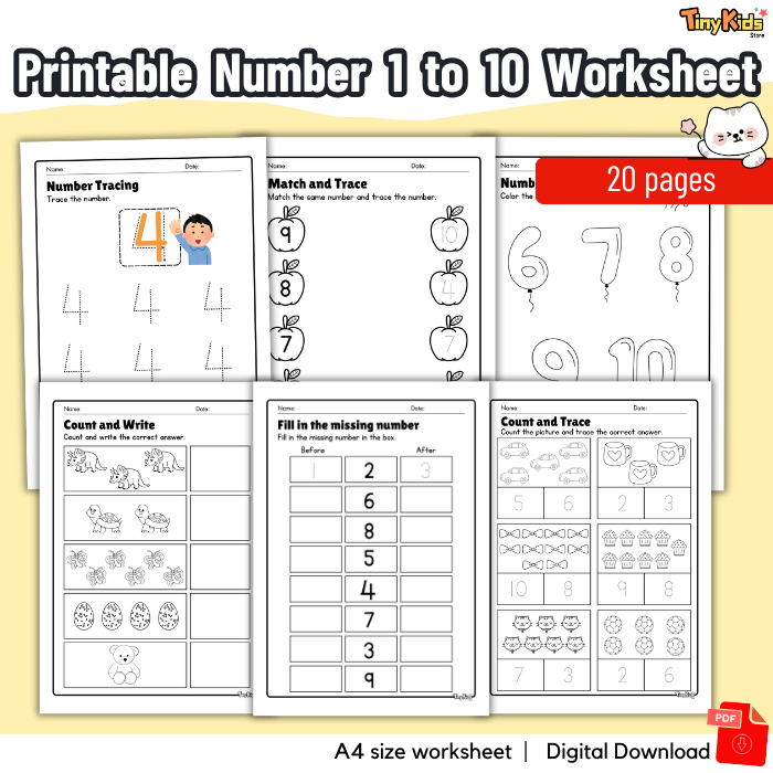 W025 PDF Digital Printable Number 1 to 10 Worksheet for kindergarten ...