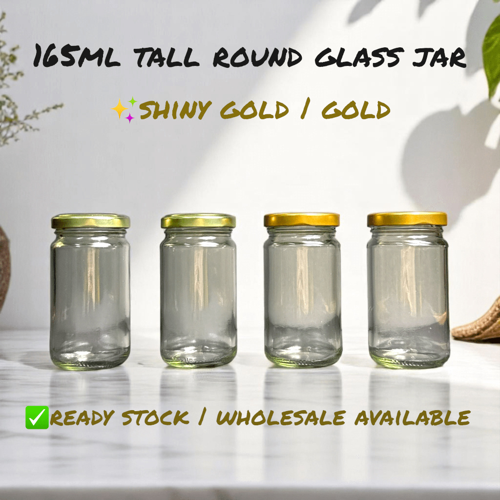 165ml Tall Round Glass Jar – Botol Kaca Madu / Sambal / Jam – Gold & Shiny Gold Lid – 36pcs ...