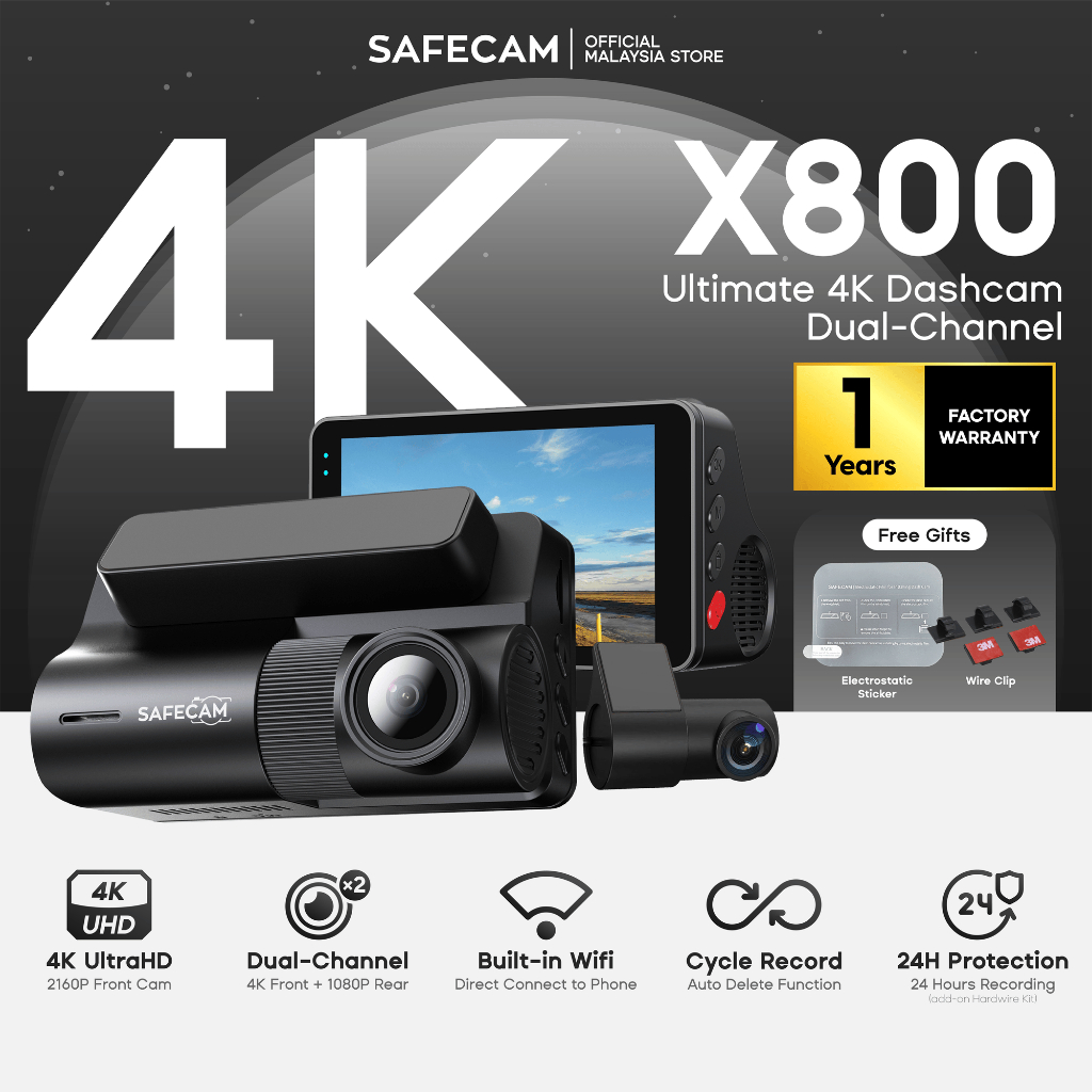SAFECAM X800 4K WIFI Dual-Channel Dashcam 2160P Front + 1080P Rear ...