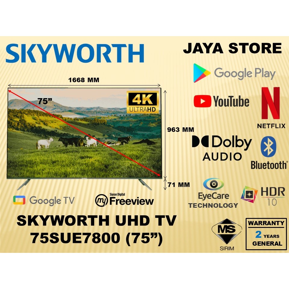 Skyworth 75″ Frameless 4K Smart Google Uhd Led Tv 75SUE7800 (Foc Hdmi Cable & Bracket Tv ...