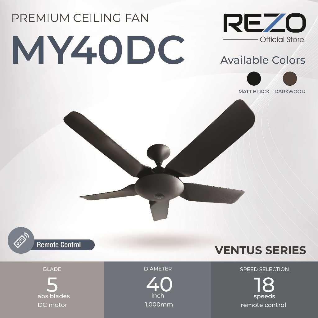REZO Ventus Series 40" 5 Blades AC Motor Ceiling Fan With Remote [ MY40 ...
