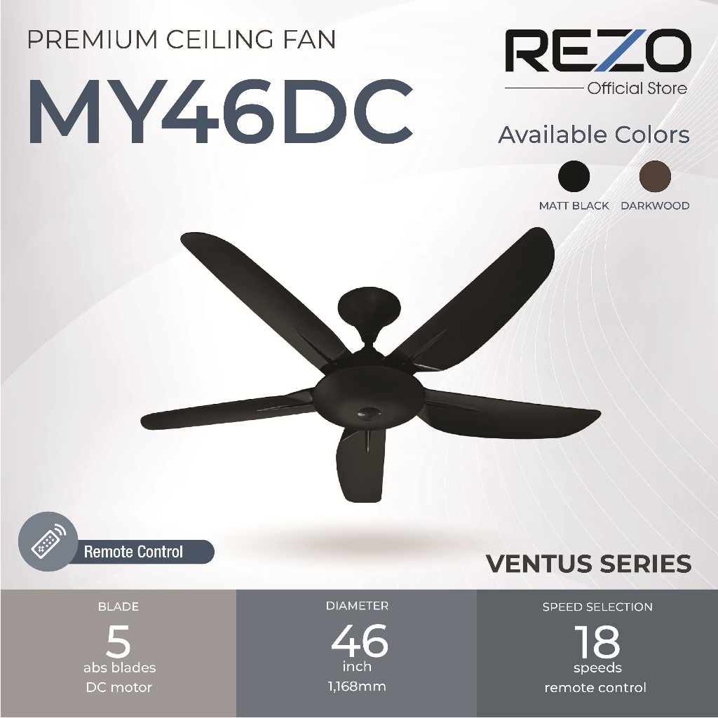 REZO Ventus Series 46" 5 Blades AC Motor Ceiling Fan With Remote [ MY46 ...