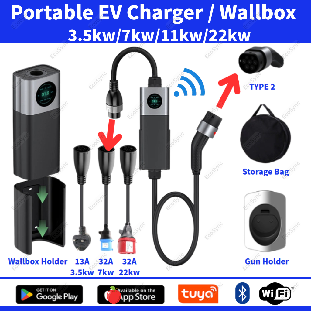 🔥 3.5kW-22kW Portable EV Charger 220V/380V Smart Tuya APP Bluetooth Wifi EV Wallbox Portable ...