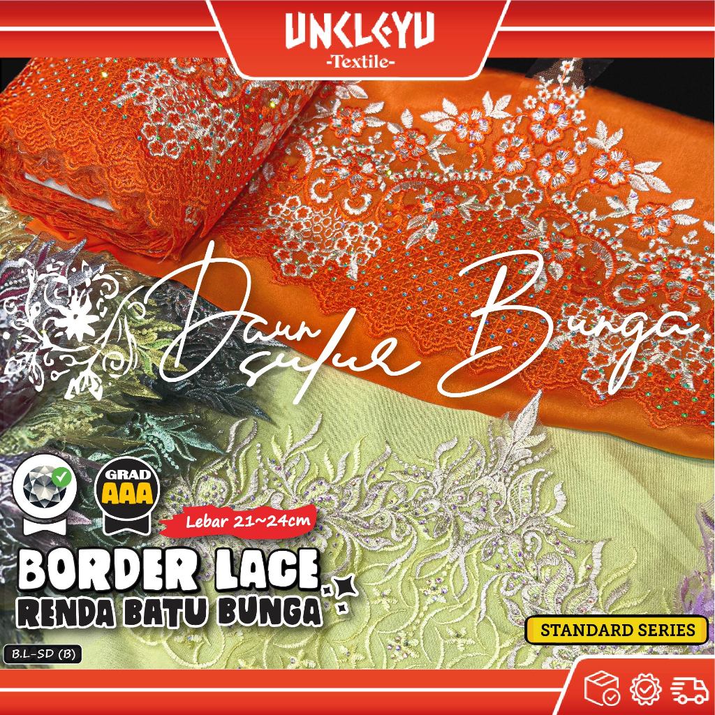 Renda Border Lace Batu Kilat/Batu Renda Daun Sulur Bunga/Lebar 21~24cm ...