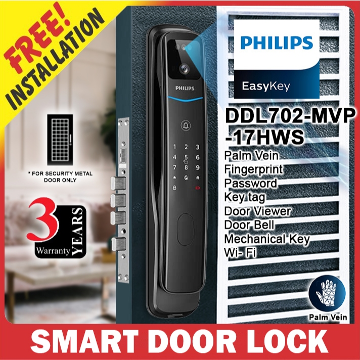Philips Palm vein smart door lock DDL702-MVP-17HWS (Security door only) (Palm Vein, Live Video ...