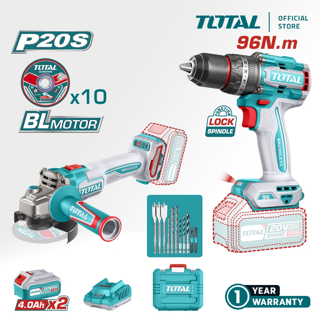 TOTAL Li-ion Cordless 2 pcs brushless combo kit with Angle Grinder(M10) + Impact Drill(96nm)20V ...