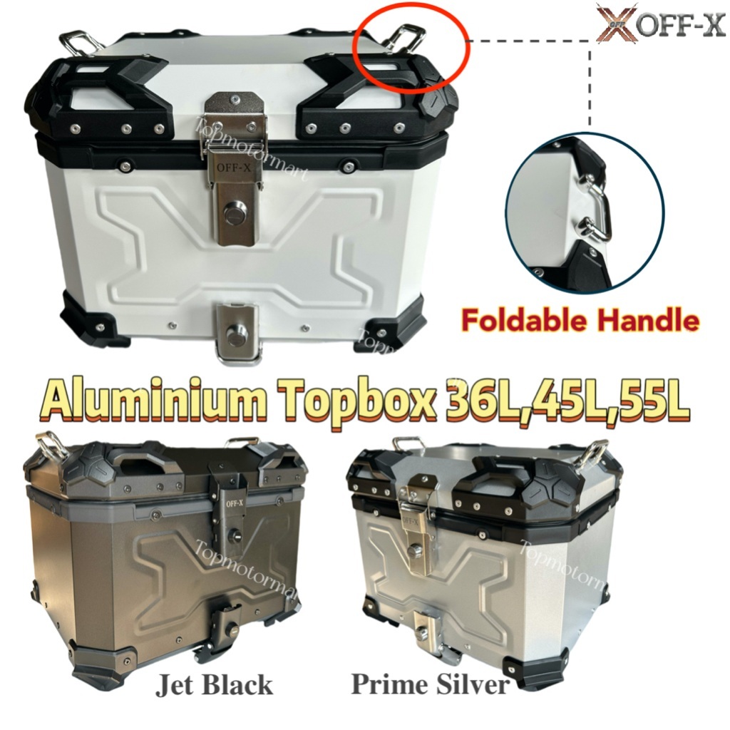 OFF-X Foldable Handle Aluminium Top Box (36L/45L/55L) - Free Back Rest Motosikal Box Motor ...