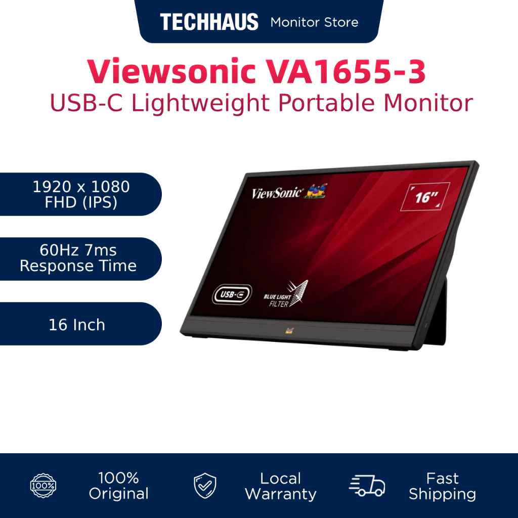 ViewSonic VA1655-3 16" FHD Lightweight Portable Monitor (3 Years ...