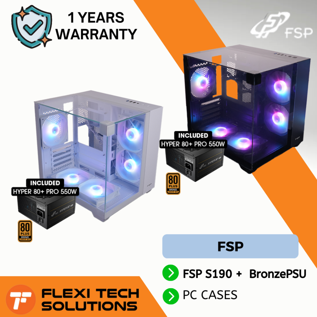 Flexi tech FSP S190-BA Triple Glass MATX Case with 5 ARGB fans - White ...