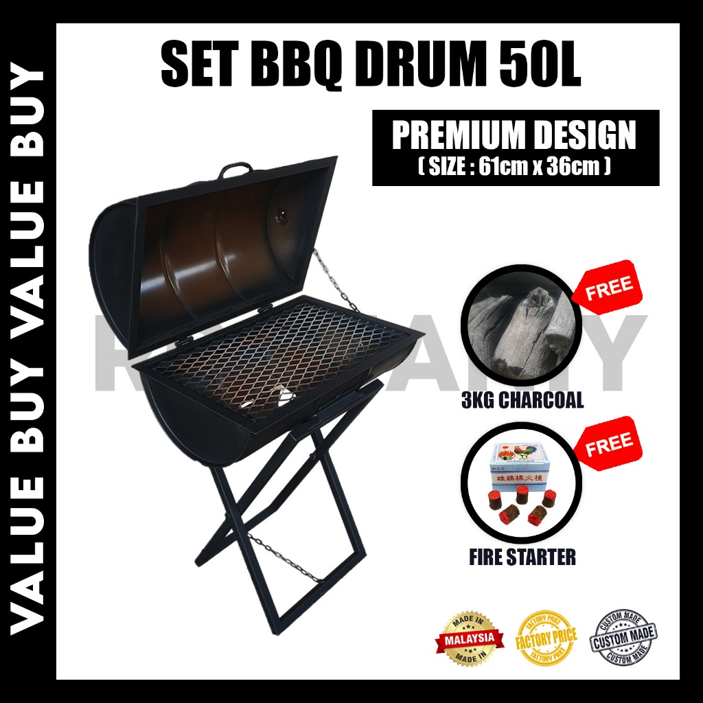 BBQ Grill Outdoor Drum Set Tong Drum 50L BBQ Set Complete With Grill Net Medium Size Suitable ...