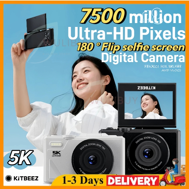 KiTBEEZ🔥75MP WiFi Digital Camera 18X Zoom 180°Flip Screen Selfie Camera ...
