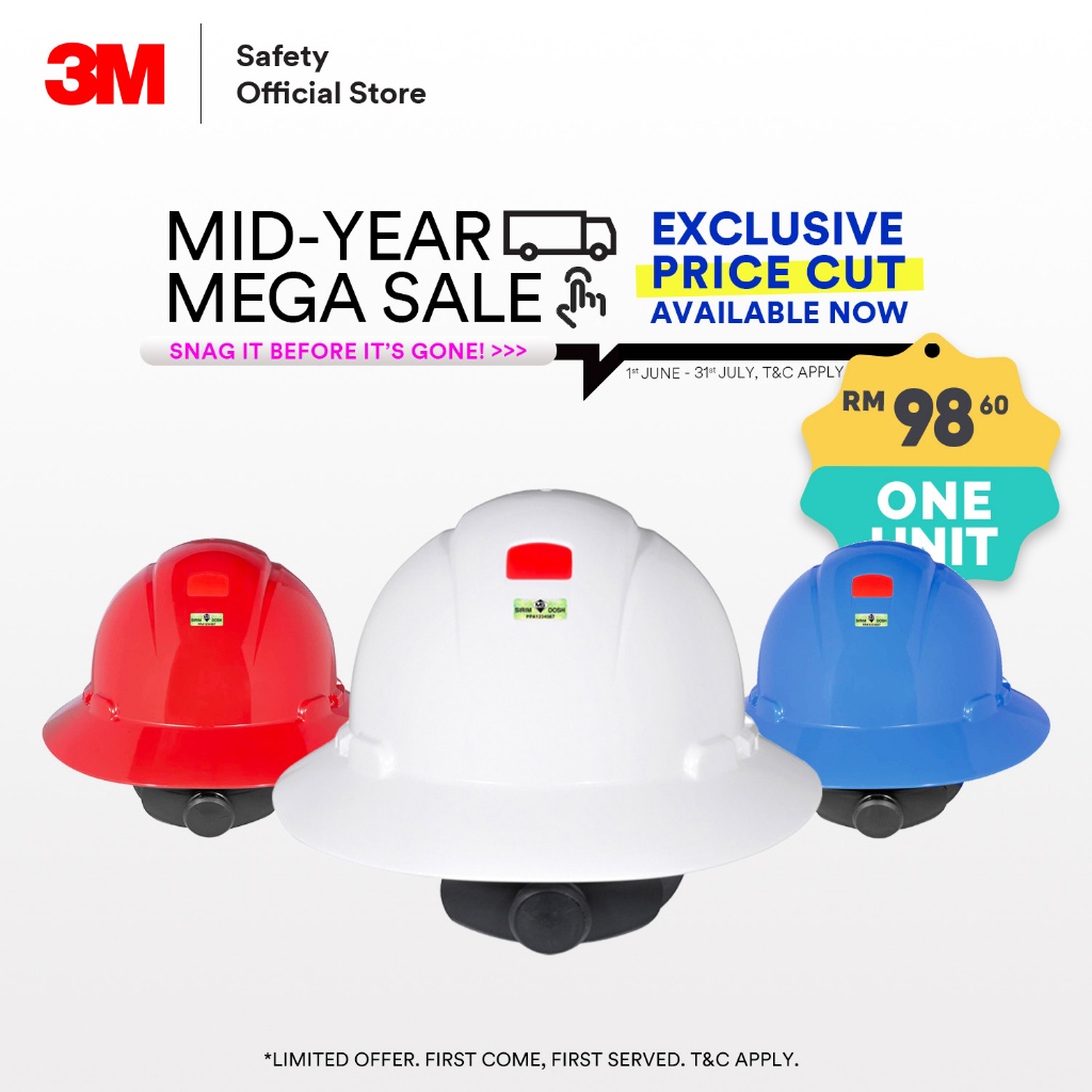 3M™ H-800SFR-UV Full Brim Safety Helmet / DOSH SIRIM Approved/ Ratchet ...