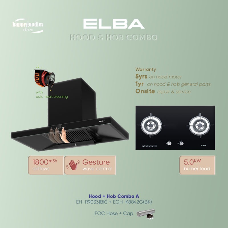(Combo) Elba Designer Hood T-Hood EH-R9033(BK) with Gas Hob Combo ...