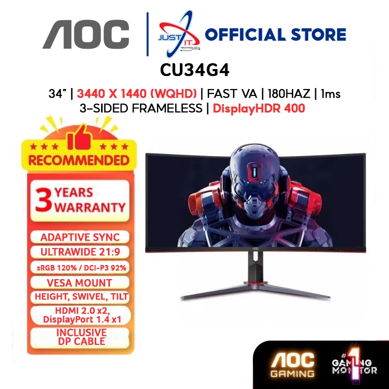 AOC CU34G4 (FAST VA) / CU34G2XP (VA) 34" CURVED GAMING MONITOR ( 34" UWQHD / 1MS / 180HZ ...