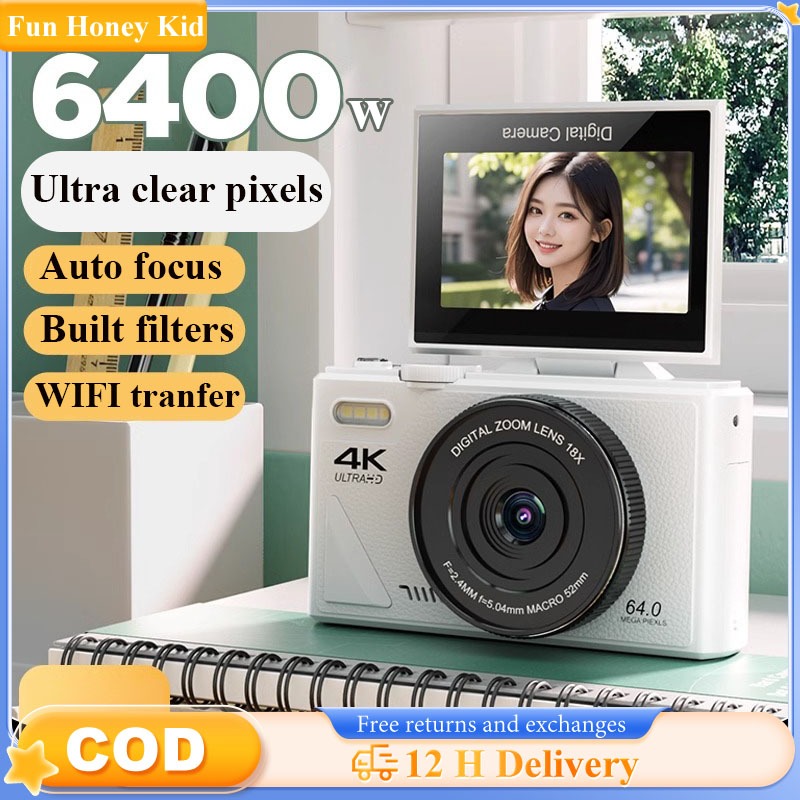 Digital Camera 4K UHD 64MP Digital 5G Wifi 180° Flip Screen Selfile Camera 18X Digital for Vlog ...