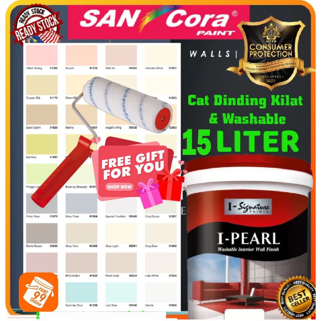 ( 15L ) SANCORA PAINT I-PEARL EASY CLEAN (free 7" roller set) MID SHEEN ...