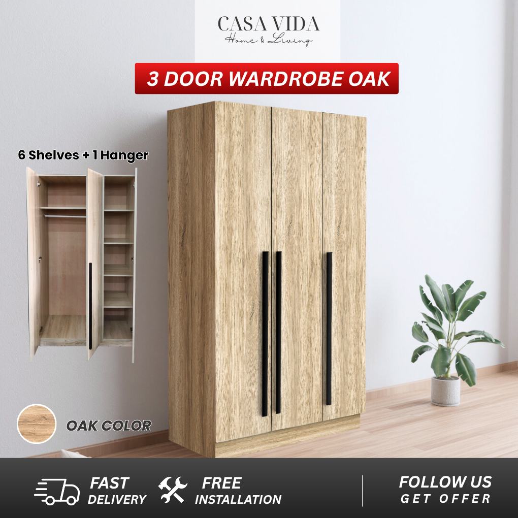 FREE INSTALL 3 DOOR WARDROBE OAK/WHITE 1800MM ALMARI 3 PINTU | Shopee ...