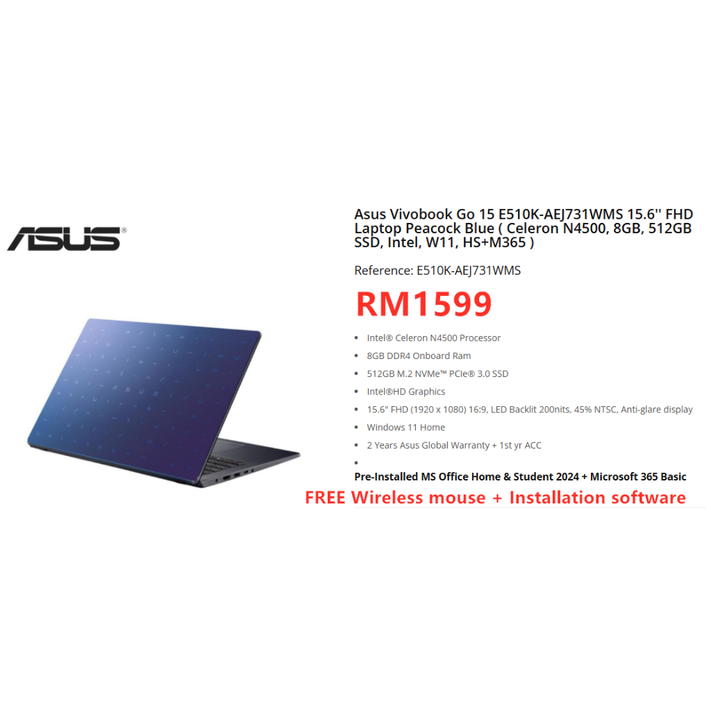 Asus Vivobook Go 15 E510K-AEJ731WMS 15.6'' FHD Laptop Peacock Blue ...