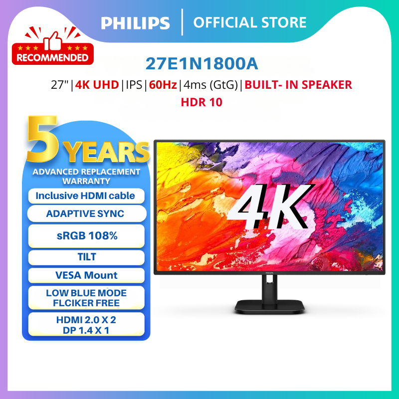 PHILIPS 27E1N1800A 4K MONITOR ( 27" IPS UHD /4MS/60HZ/HDR10/ SPEAKER ...