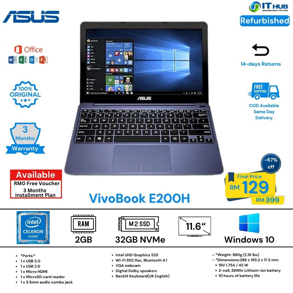 Asus E200H-FD0042T Intel Atom - 11.6-inch Laptop (Z8350/2GB/32GB ...
