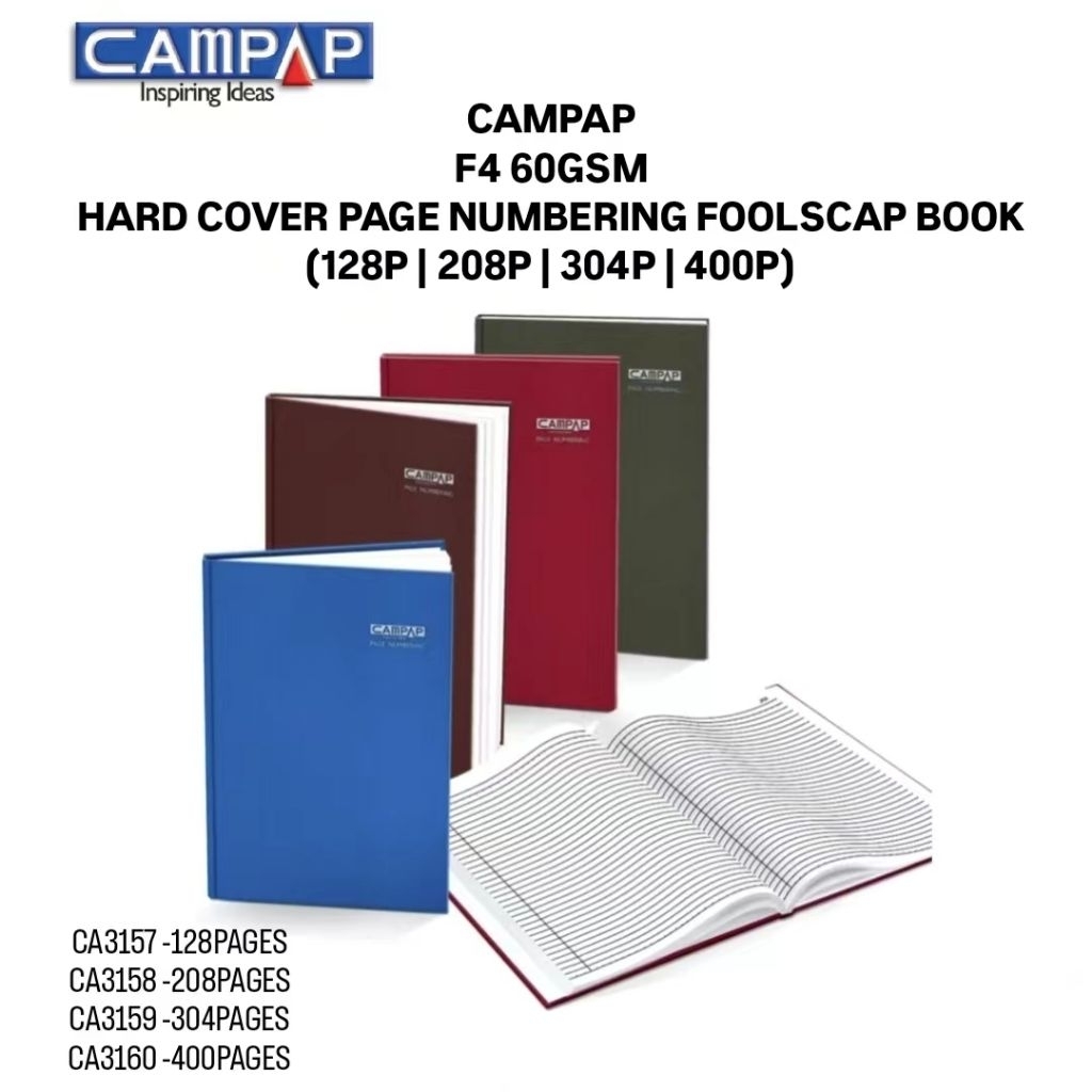 CAMPAP F4 60GSM Hard Cover Page Numbering Foolscap Book | 厚皮单线页码簿 ...