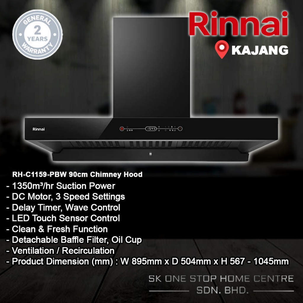 (FREE SHIPPING) Rinnai 90CM Chimney Kitchen Cooker Hood 1350m³/hr / DC Motor / Rinnai RHC1159PBW ...