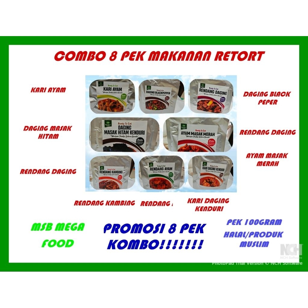 Combo jimat 8 pek makanan retort/ready to eat/sedia dimakan/rendang ...