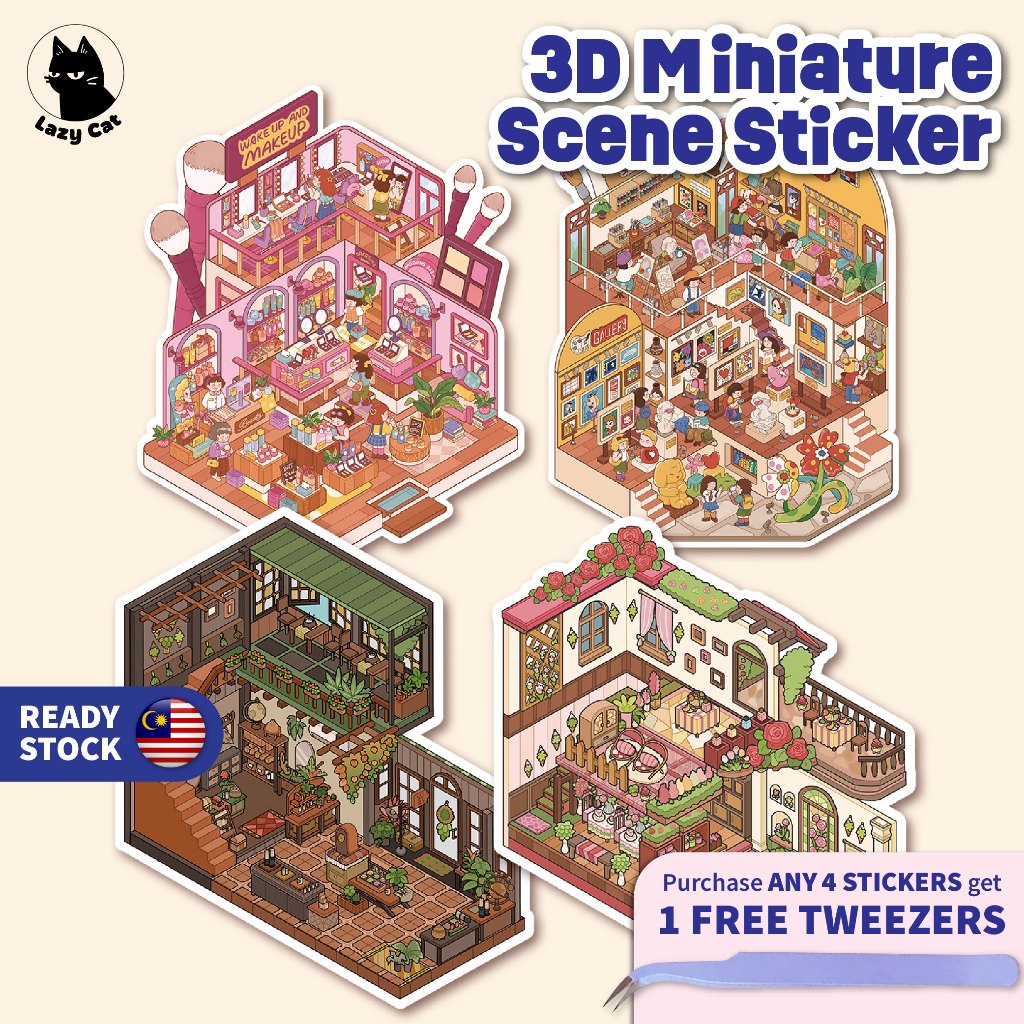 Lazy Cat 3D Miniature Scenes Sticker DIY Cute Cartoon Journal Korean ...