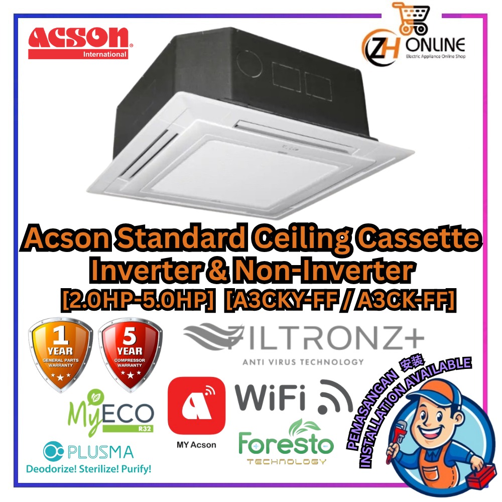Acson 2.0HP-5.0HP Ceiling Cassette Inverter & Non-Inverter Aircond Built-In WiFi R32 ...