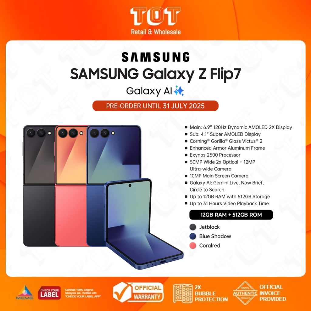 SAMSUNG Z Flip 7 (12GB+256GB/512GB) 6.9" Dynamic AMOLED 2X Display l ...