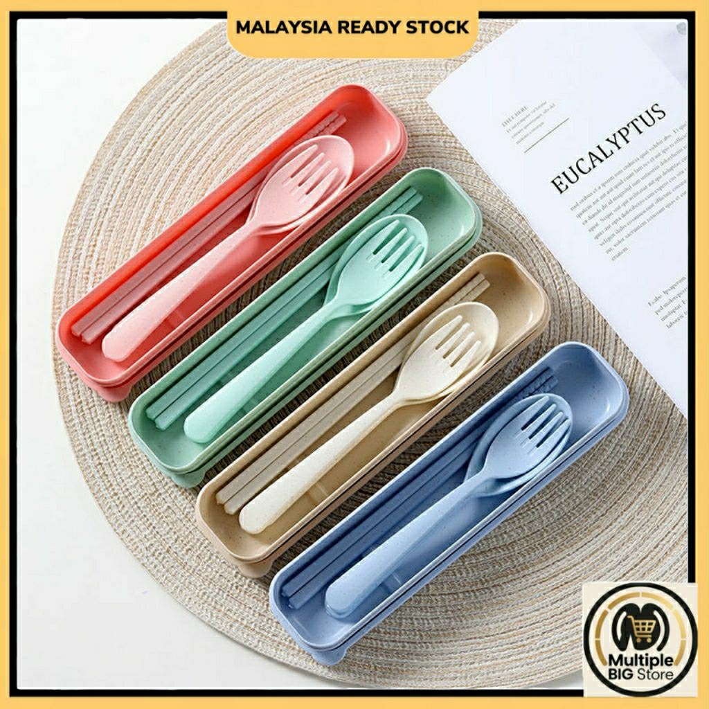 🇲🇾3in1 Wheat Straw Cutlery Set Spoon Folk Chopstick Travel Cutlery Set ...