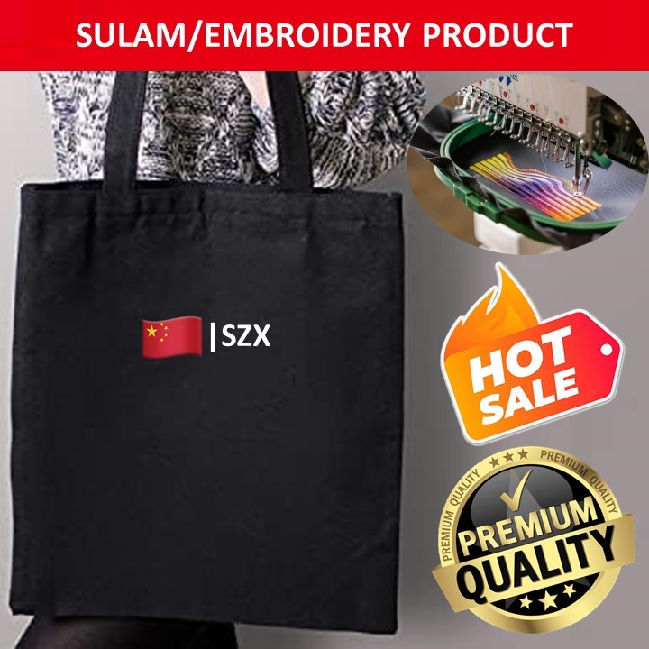 EMBROIDERY SULAM EMOJIS SZX CHINA FLAG LOGO BLACK CANVAS TOTE BAG ...