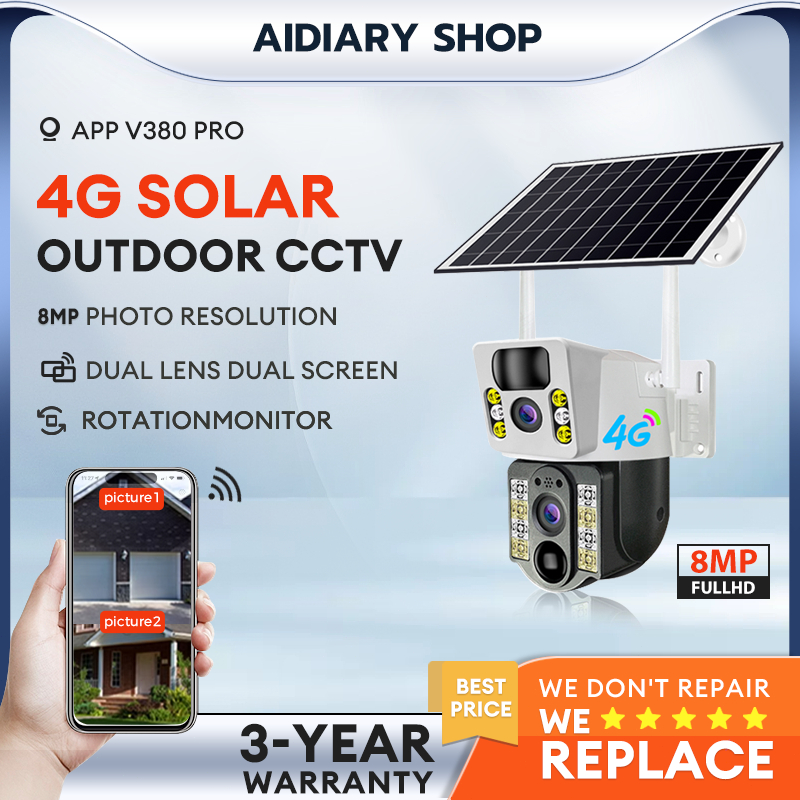 🔥 Free card🔥 8MP CCTV Solar Outdoor Wireless Dual Lens CCTV 4G SIM Card ...