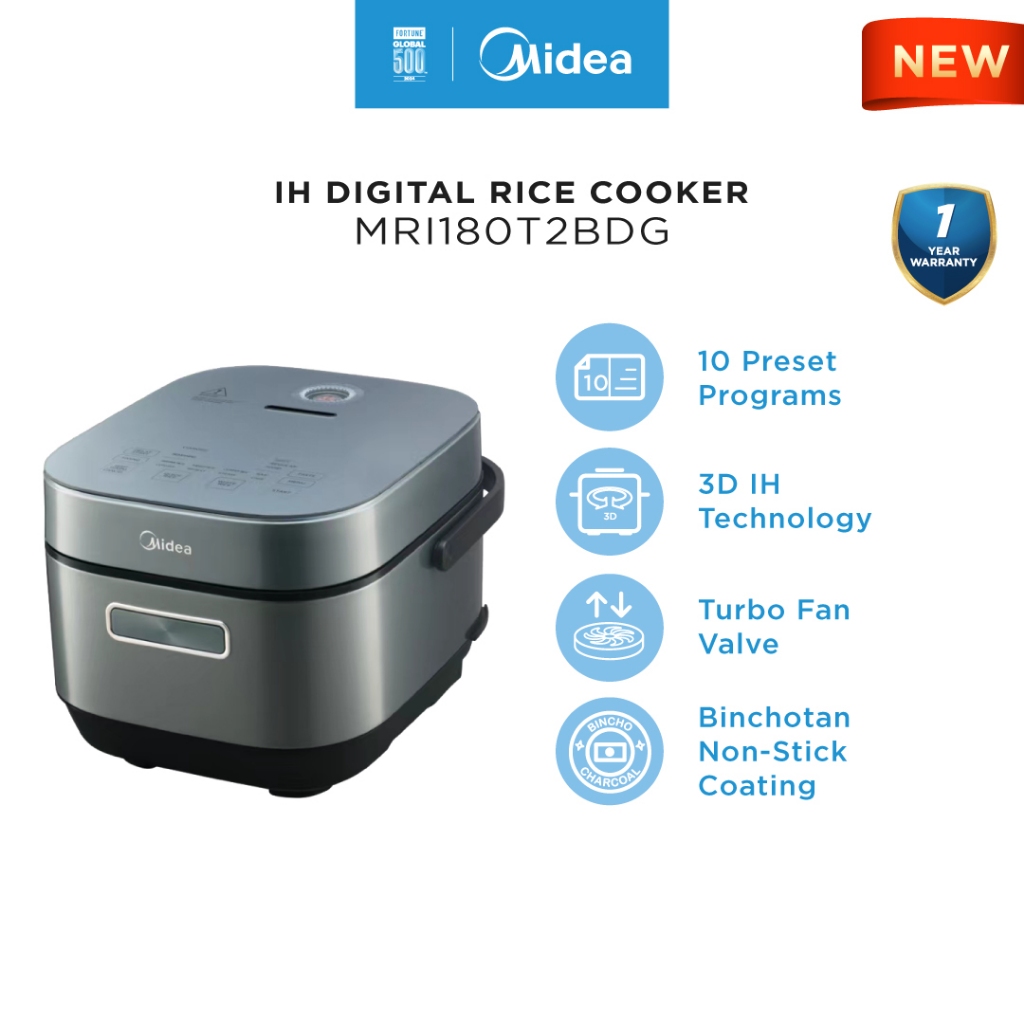 Midea MRI180T2BDG 1.8L Digital Rice Cooker With 10 Preset Menus & 3D IH ...