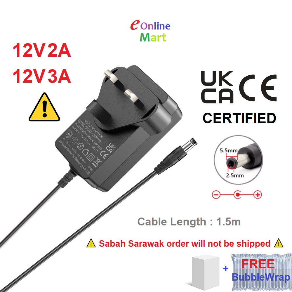 AC to DC Adapter 12V2A / 12V3A UKCA CE Certified (5.5mm x 2.5mm / 2.1mm ...