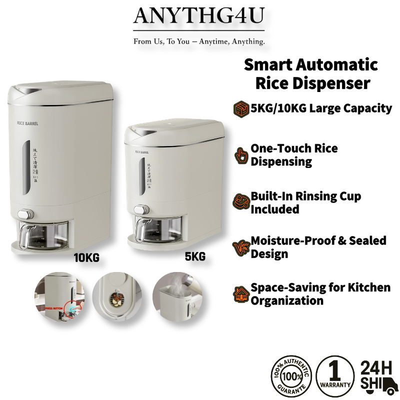 ANYTHG4U Smart Rice Dispenser 5KG/10KG–One-Touch Grain Box with Rinsing ...
