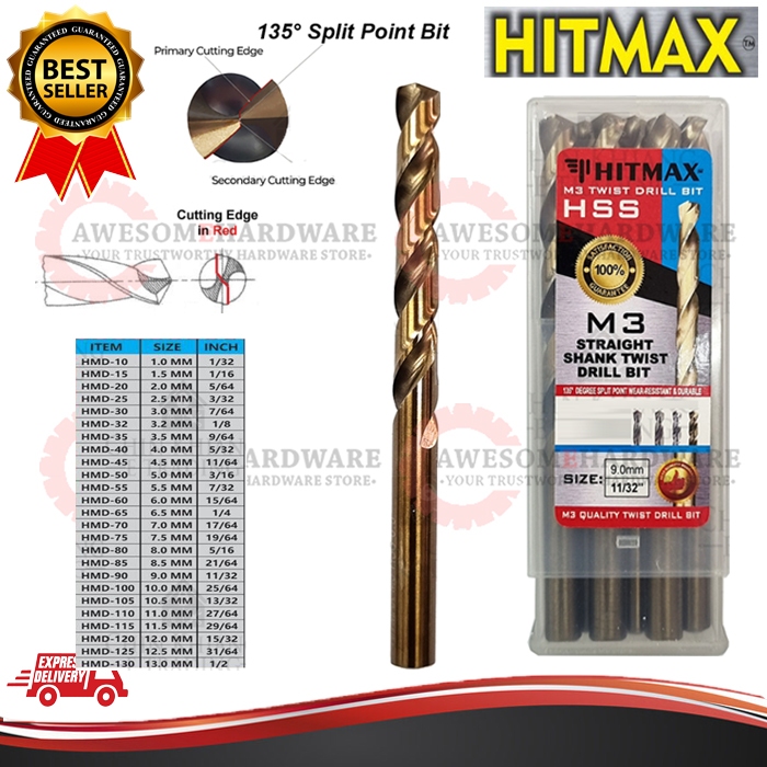 HITMAX M3 HSS STRAIGHT SHANK TWIST DRILL BIT MATA TEBUK BESI STEEL (7 ...