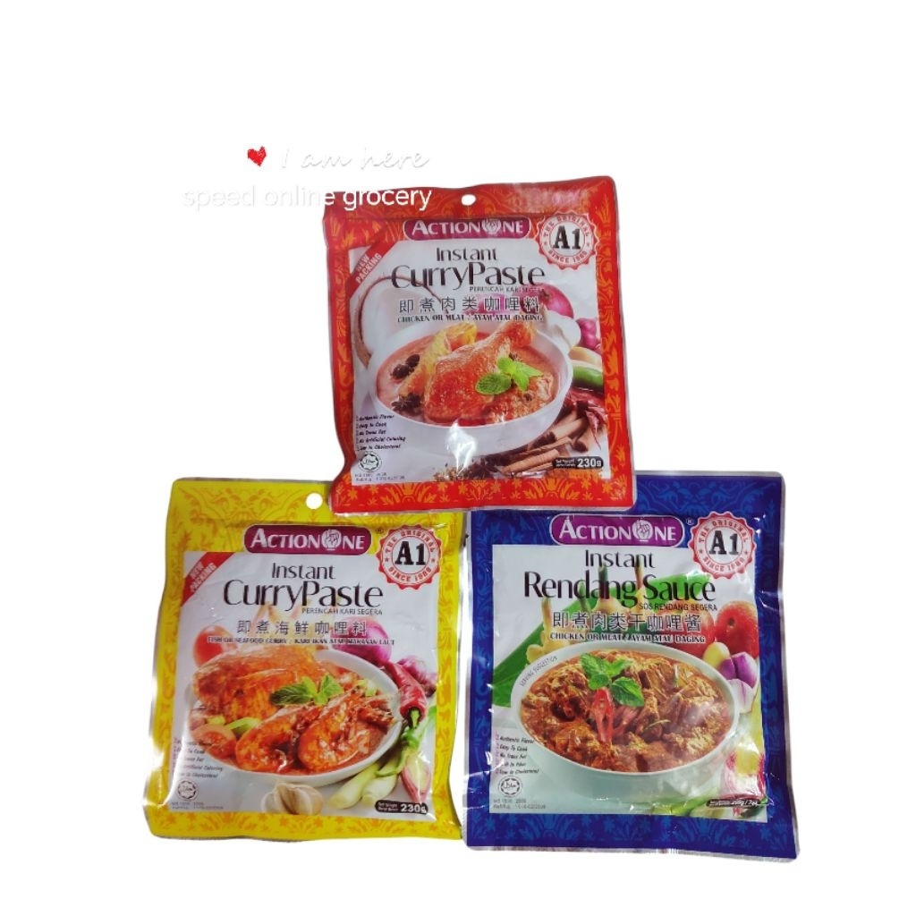 Action one curry chicken 230g, rendang sauce 200g, curry fish seafood ...