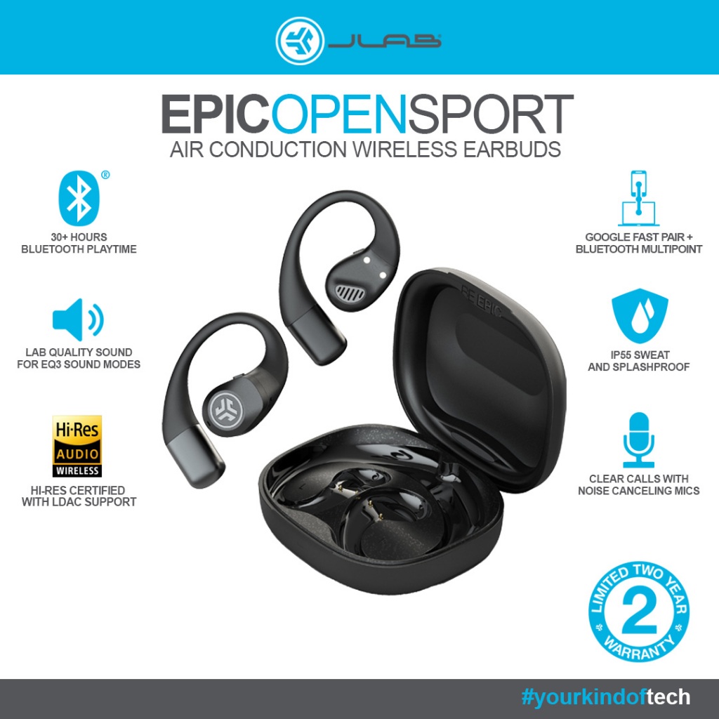JLAB Epic Open Sport Air Conduction Wireless Bluetooth Earbuds with Hi ...