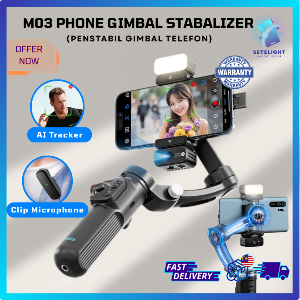 M03 Phone Gimbal Stabilizer with AI Tracking Fill Light Wireless ...