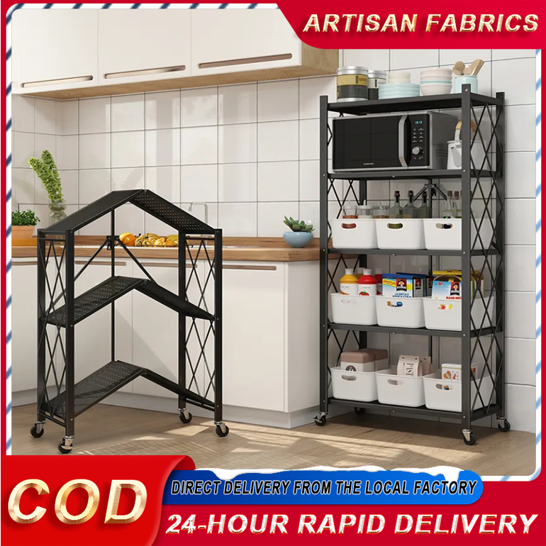 3 / 4 / 5 Tier Foldable Kitchen Rack Shelves with Wheels Moveable ...
