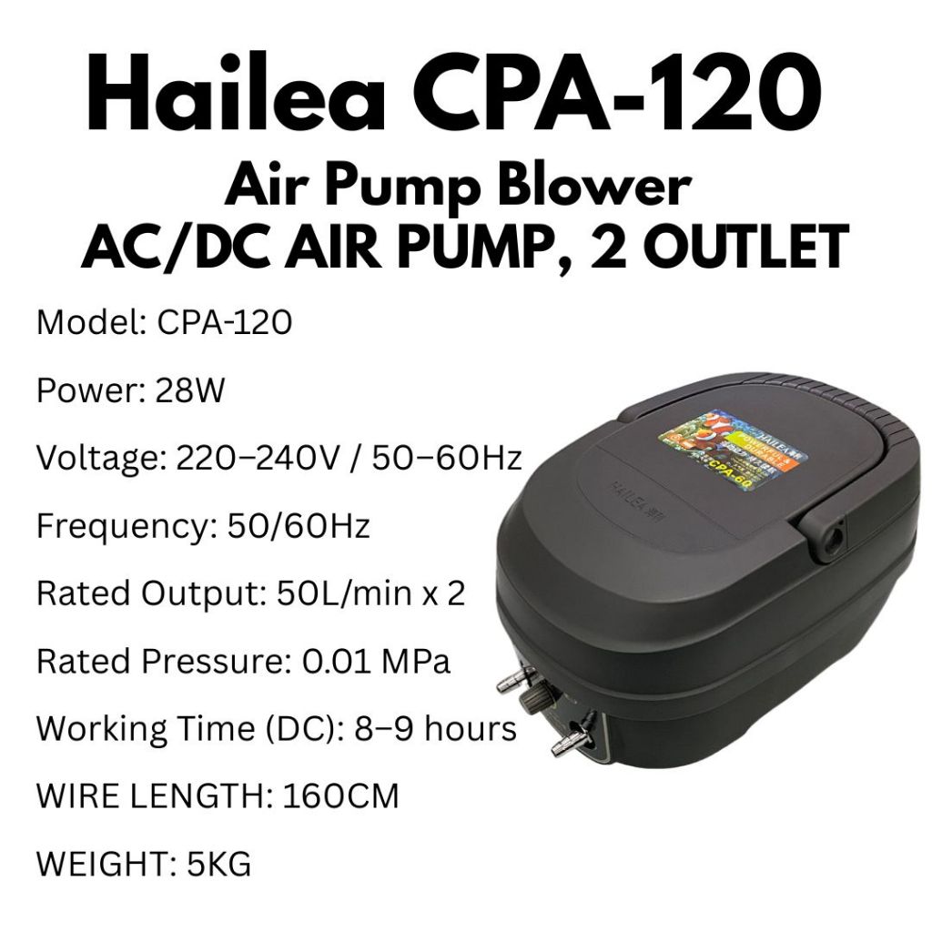 Hailea CPA-120 Air Pump Blower AC/DC AIR PUMP, 2 OUTLET - For Aquarium, Pond, Landscape Air Pump ...