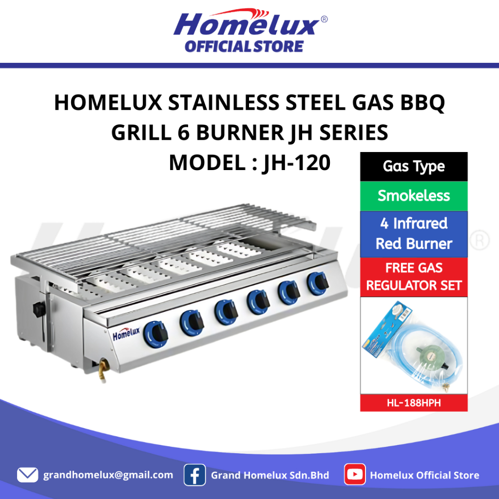 HOMELUX STAINLESS STEEL GAS BBQ GRILL 6 BURNER JH SERIES JH-120 ...