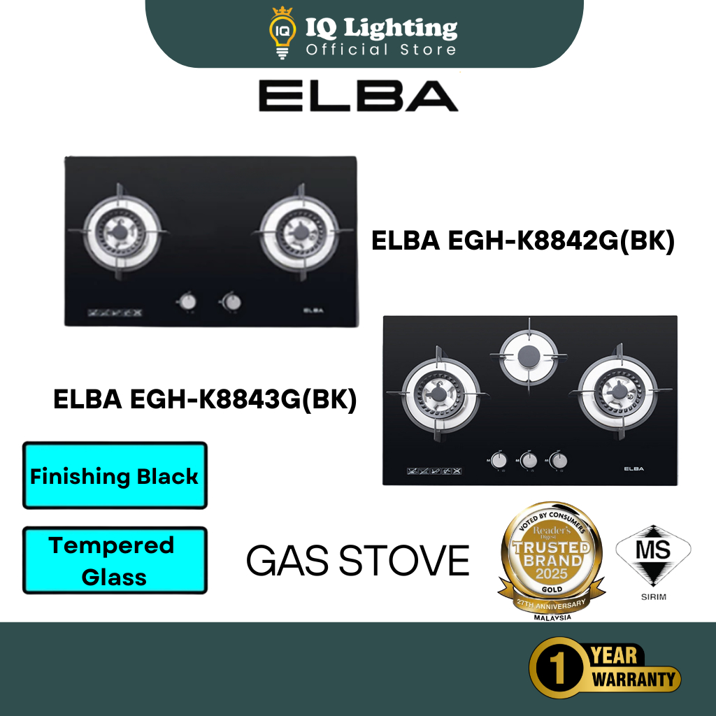 ELBA Dapur Gas Stove EGH-K8842G(BK)/8843G(BK)/8742G(BK) Glass Stove ...