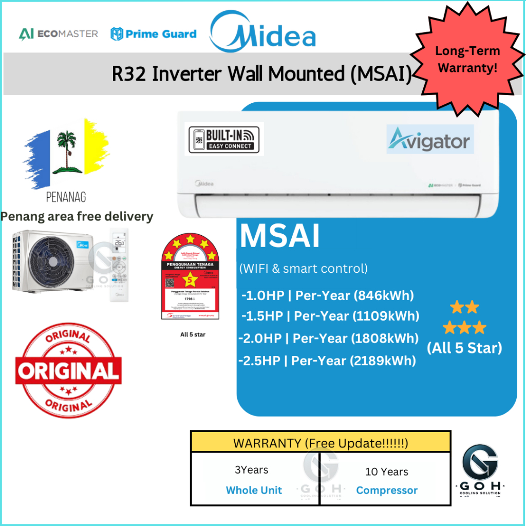 Midea Penyaman Udara Inverter 4/5 Bintang Air conditioner R32 MSCE/MSAI/MSEPE/MSEPB | Free ...