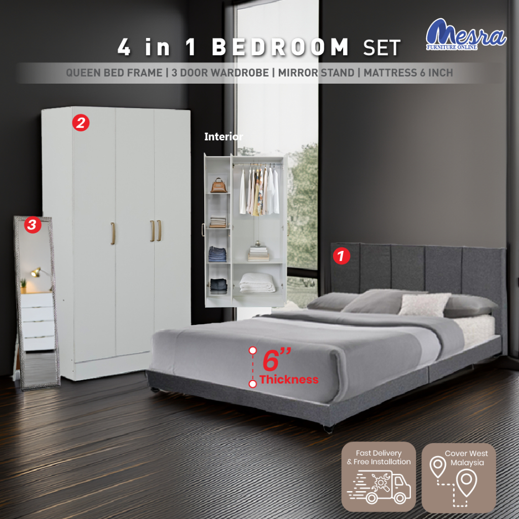 MESRA - Bedroom Set 3 door /Set Bilik Tidur/Almari Baju/Katil queen ...
