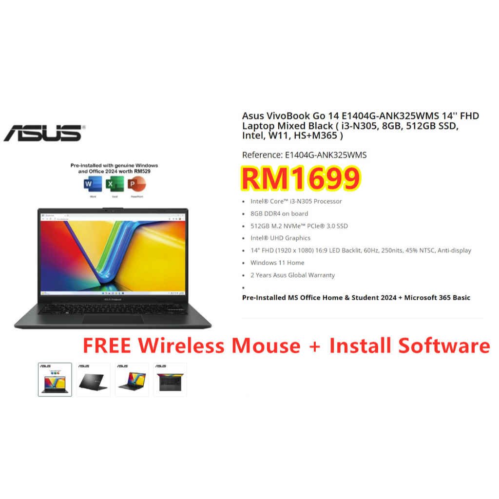 Asus VivoBook Go 14 E1404G-ANK325WMS 14'' FHD Laptop Mixed Black ( i3 ...