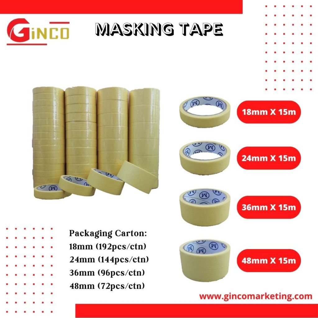 GINCO Premium Masking Tape 18mm/24mm/36mm/48mm Length - 15m Yellow High Adhesion DIY Painting ...