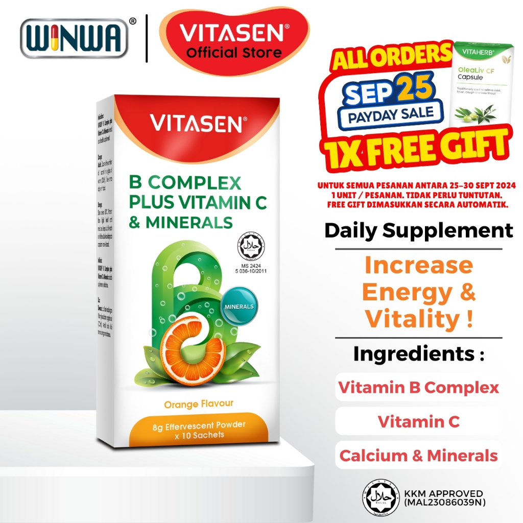 Vitasen B Complex Plus Vitamin C & Minerals Effervescent Powder Sachet ...